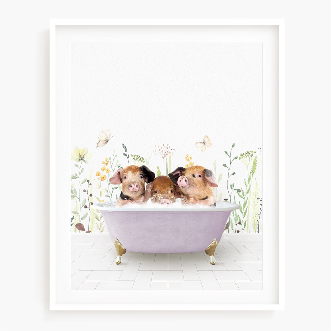 Three Little Pigs in Vintage Bathtub, Spring Bath Style, Animal in Tub ...