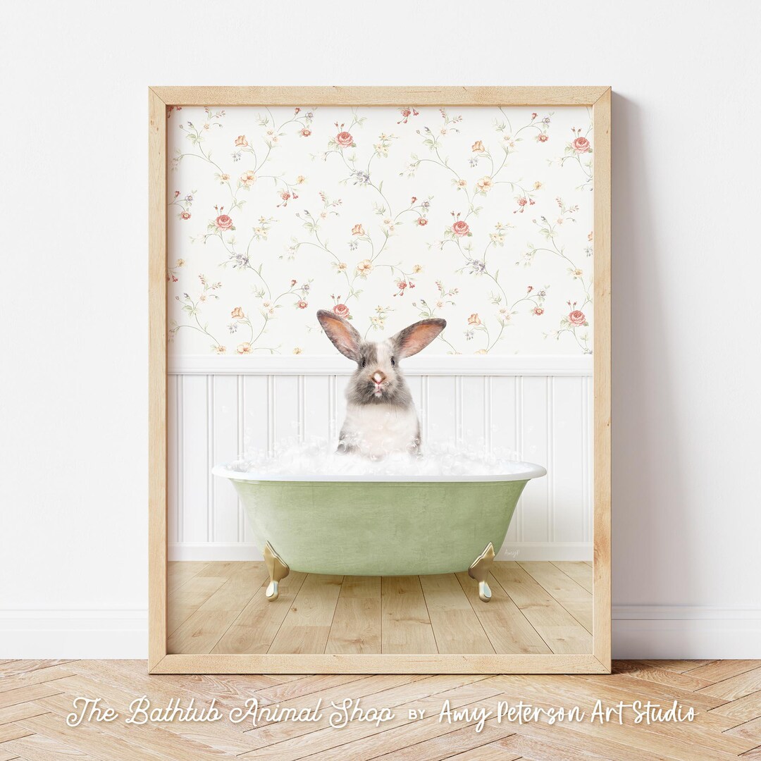 Bunny in Vintage Tub Country Cottage Style, Bathtub Animal Print ...