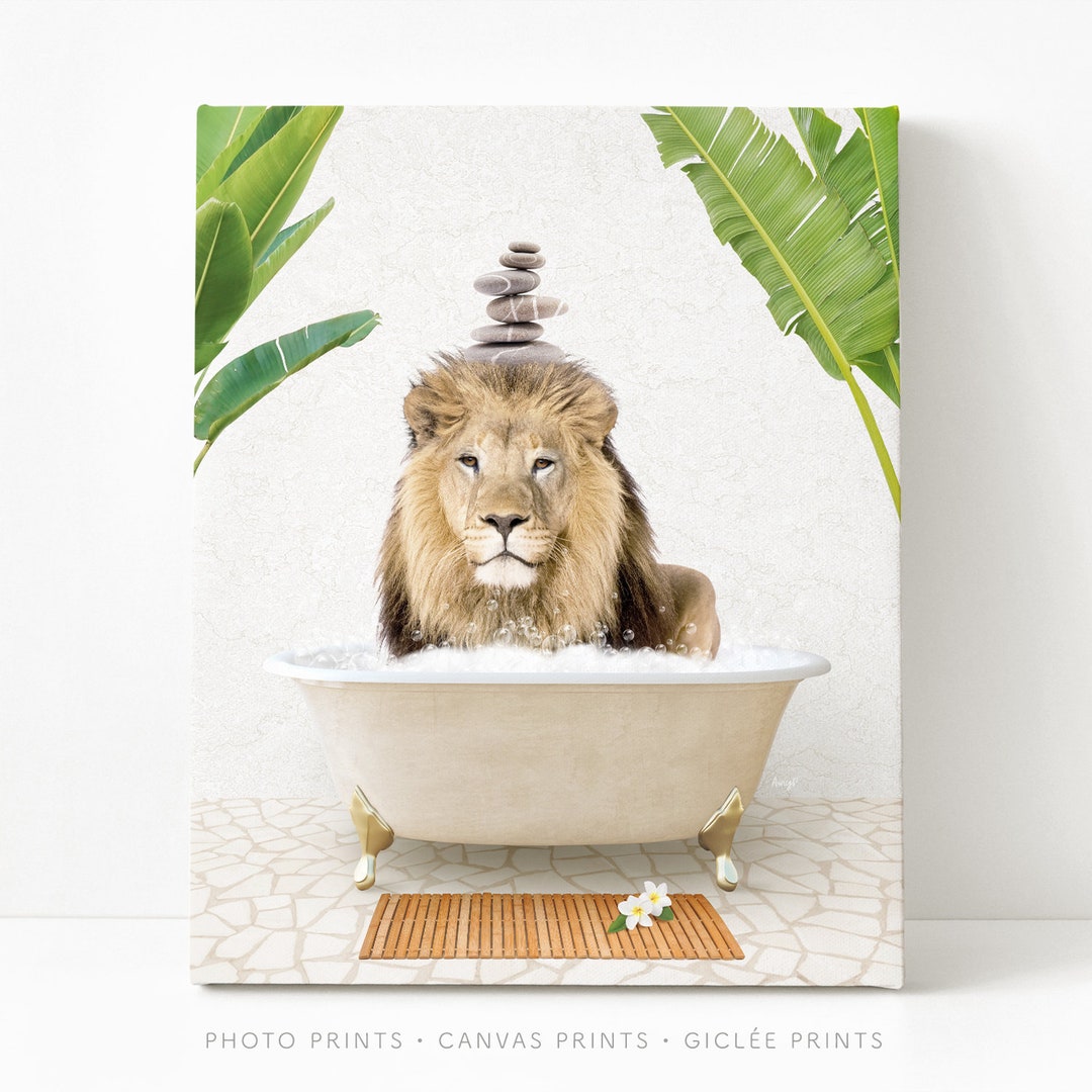 Lion in Vintage Bathtub, Bali Bath Style, Animal in Tub, Bathroom Art ...