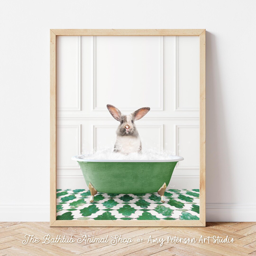 Bunny in Vintage Bathtub, Eclectic Green Style, Animal in Tub, Bathroom ...