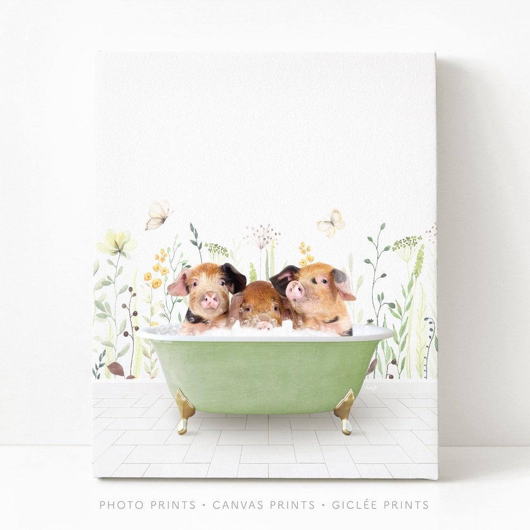Three Little Pigs in Vintage Bathtub, Spring Bath Style, Animal in Tub ...