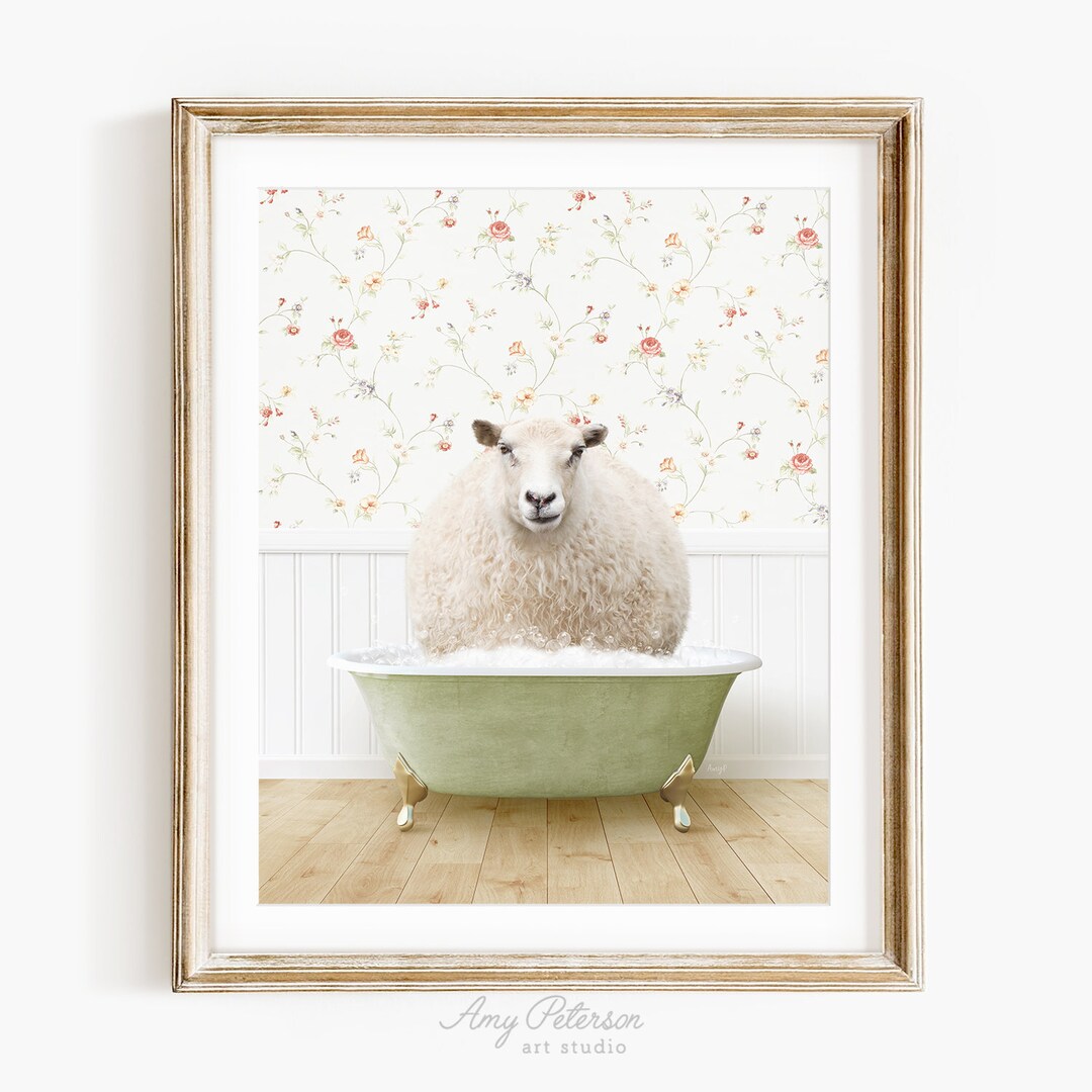 Sheep in Vintage Tub Country Cottage Style, Bathtub Animal Print ...