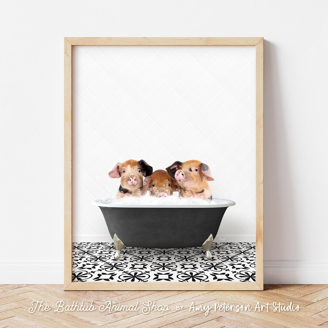 Three Little Pigs in Vintage Bathtub, Black and White Bath Style ...