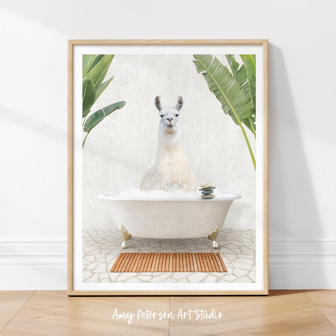 Llama in Vintage Bathtub, Bali Bath Style, Animal in Tub, Bathroom Art ...