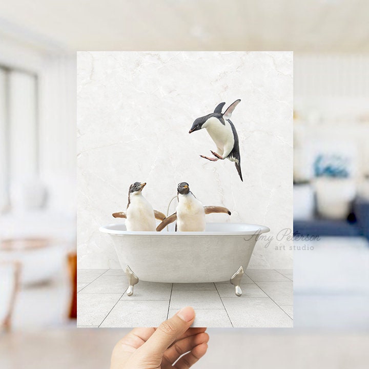 Penguins in Vintage Bathtub Stone Slab Style Animal in Tub - Etsy