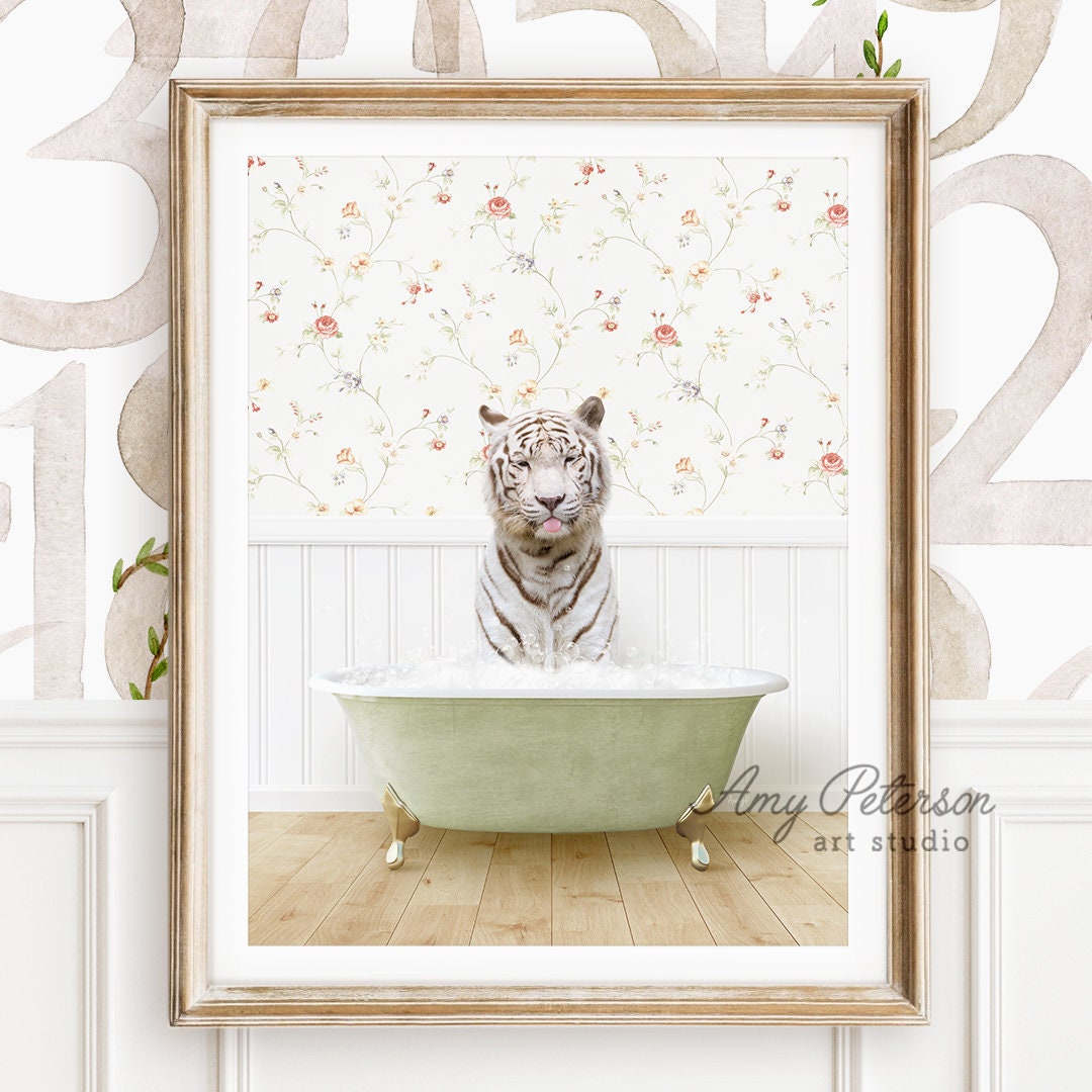White Tiger Blep in Vintage Tub Country Cottage Style, Bathtub Animal ...