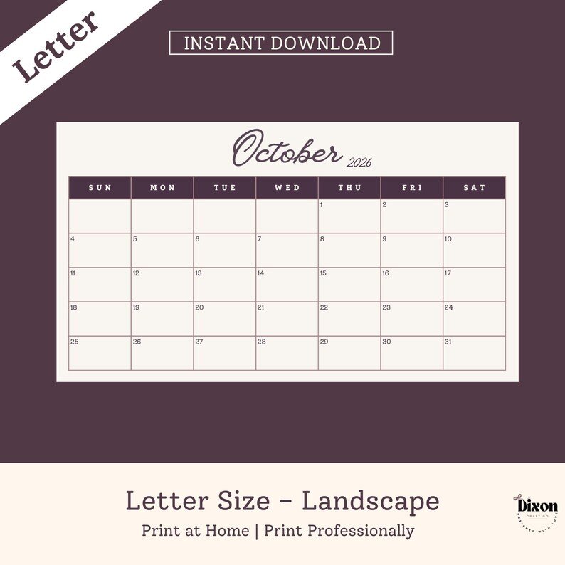 2026 Monthly Calendar Printable | Landscape , Sunday Start (letter Size ...