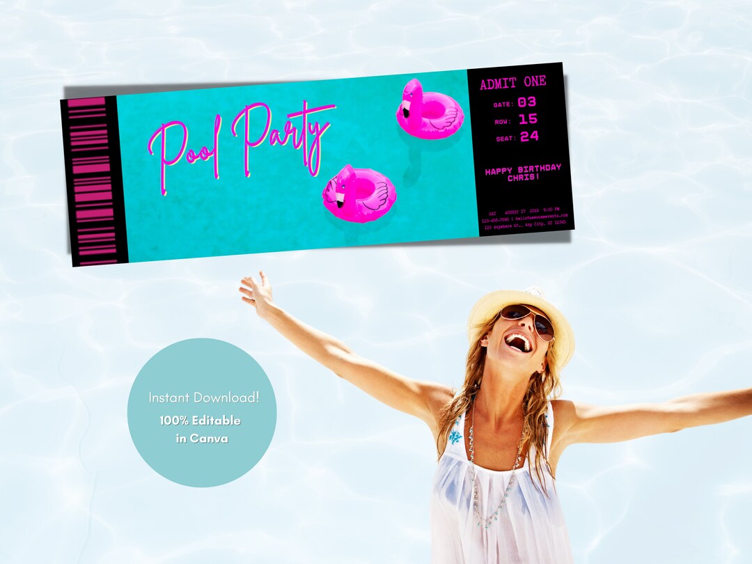 Pool Party Ticket Template, Concert Ticket, Party Invite Template ...
