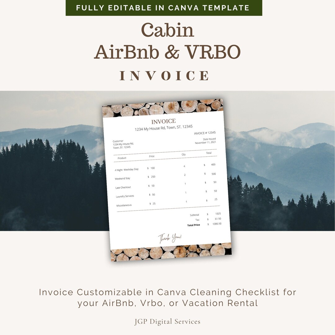 Cabin Invoice Airbnb Host Customized in Canva, Airbnb Template, Rental ...