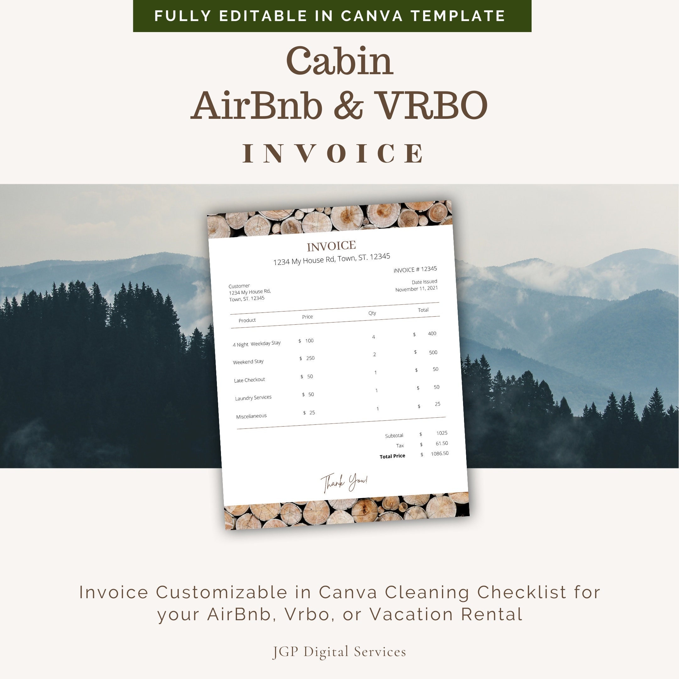 Cabin Invoice Airbnb Host Customized in Canva, Airbnb Template, Rental ...