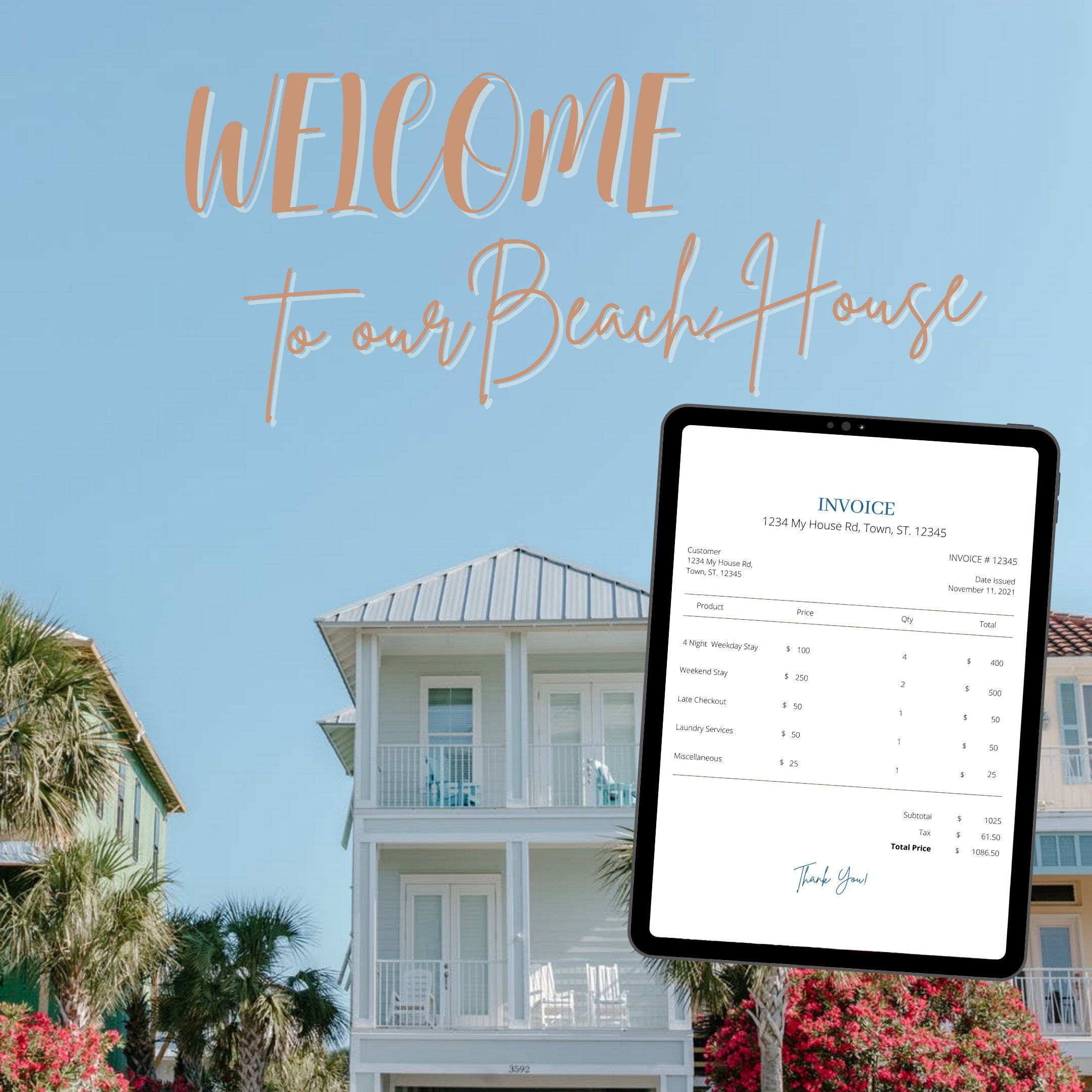 Beach Invoice Airbnb Host Customized in Canva, Airbnb Template, Rental ...