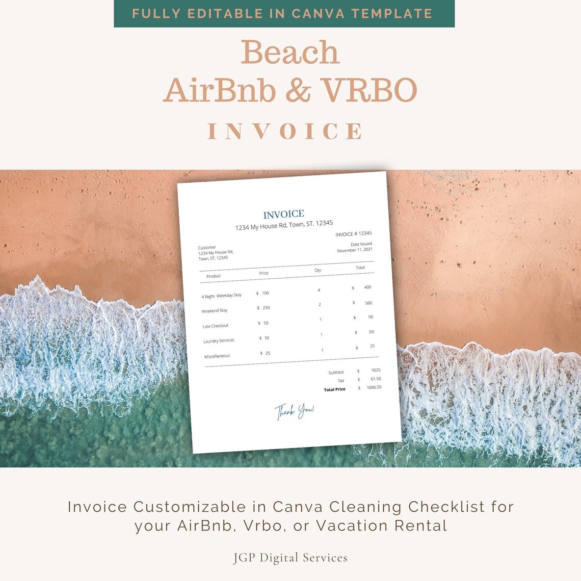 Beach Invoice Airbnb Host Customized in Canva, Airbnb Template, Rental ...