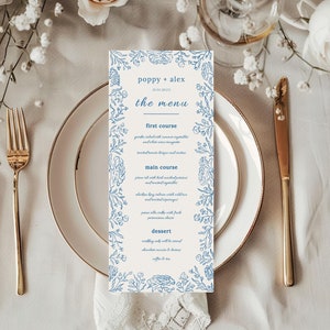 Classic Blue Wedding Menu Template, Printable Wedding Menu, Floral ...
