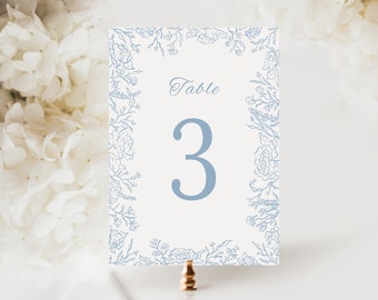 Classic Blue Wedding Table Numbers, Printable Table Numbers, Floral ...