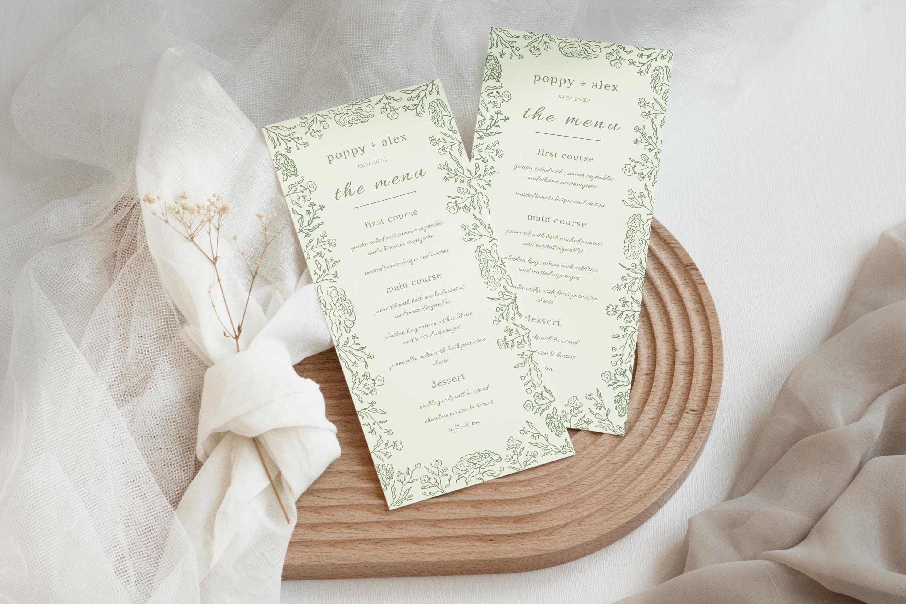 Green Wedding Menu Template, Printable Wedding Menu, Floral Wedding ...