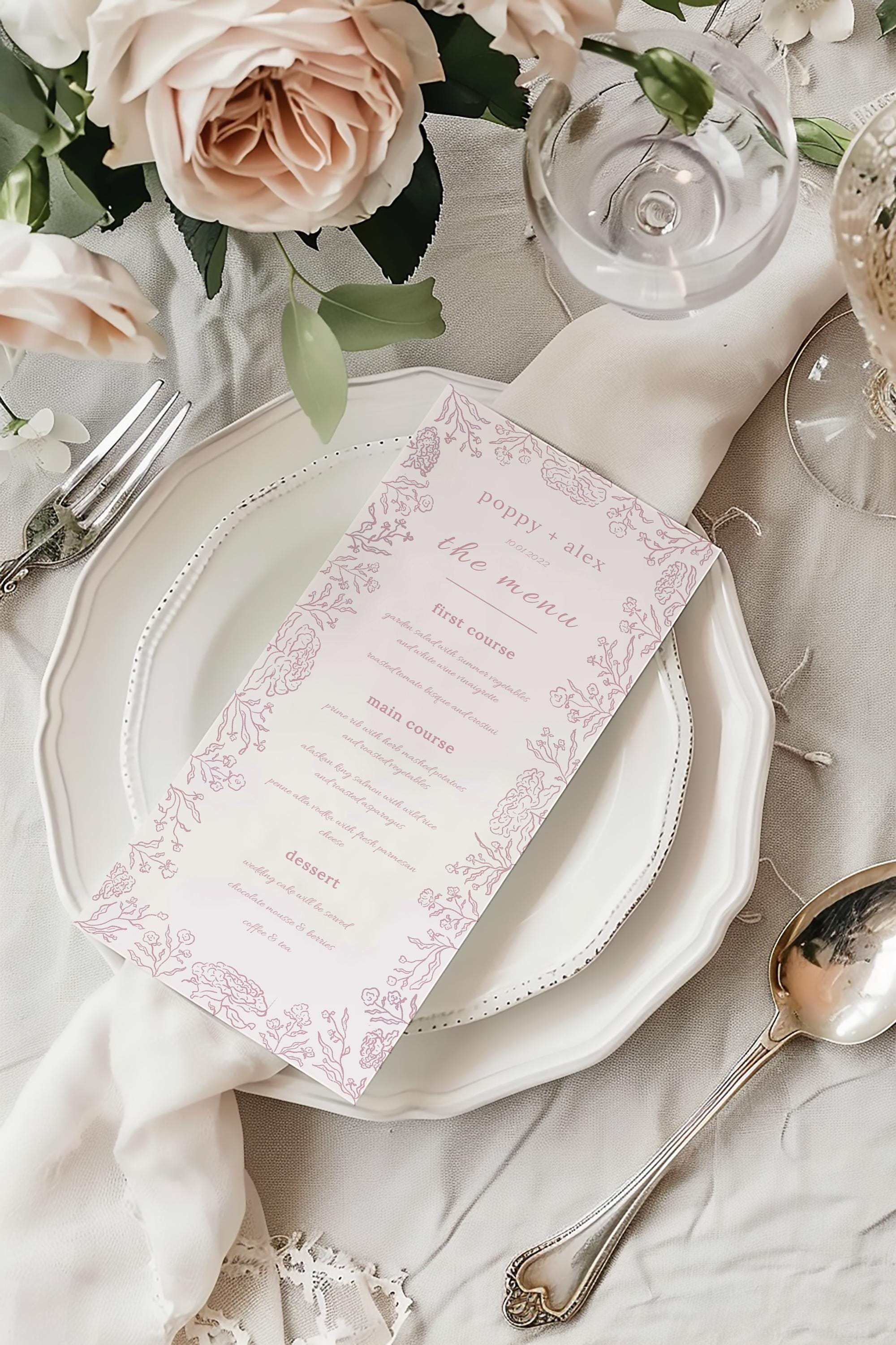 Pink Wedding Menu Template, Printable Wedding Menu, Floral Wedding ...