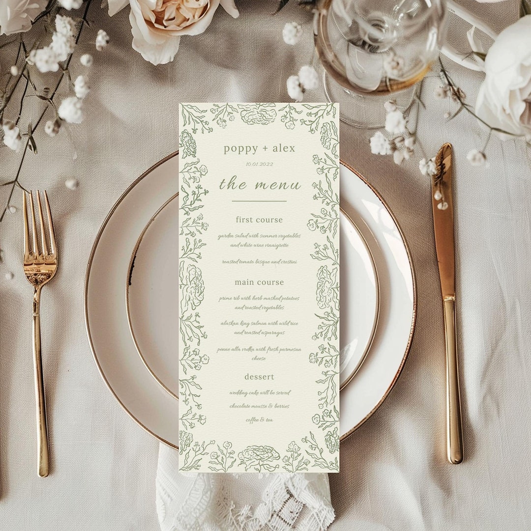 Green Wedding Menu Template, Printable Wedding Menu, Floral Wedding ...
