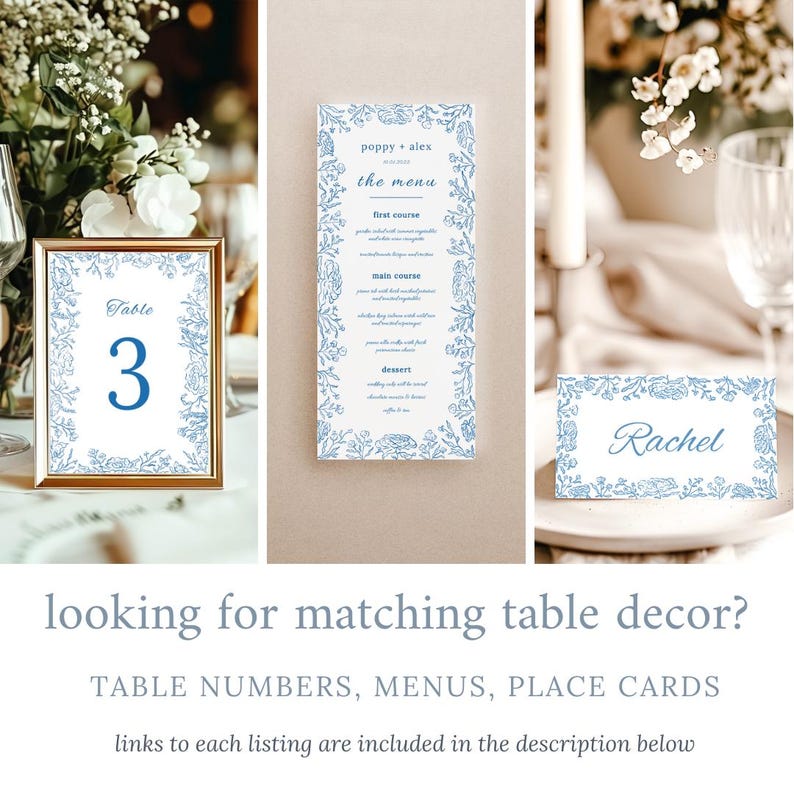 Classic Blue Wedding Menu Template, Printable Wedding Menu, Floral ...