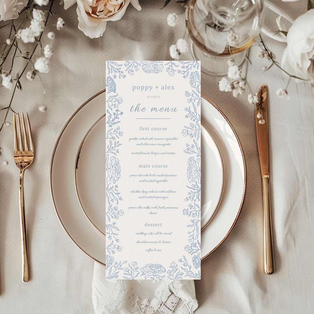 Light Blue Wedding Menu Template, Printable Wedding Menu, Floral ...