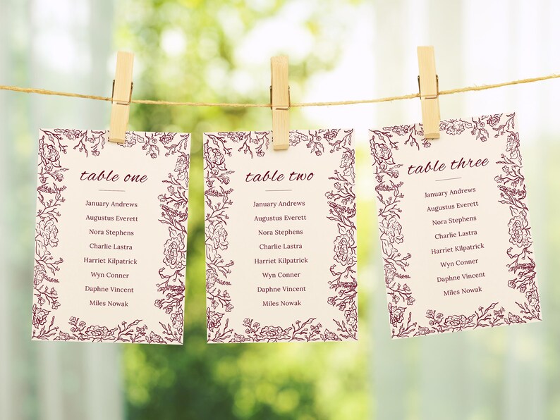 Burgundy Seating Chart Card Template, Printable Seating Chart Card ...