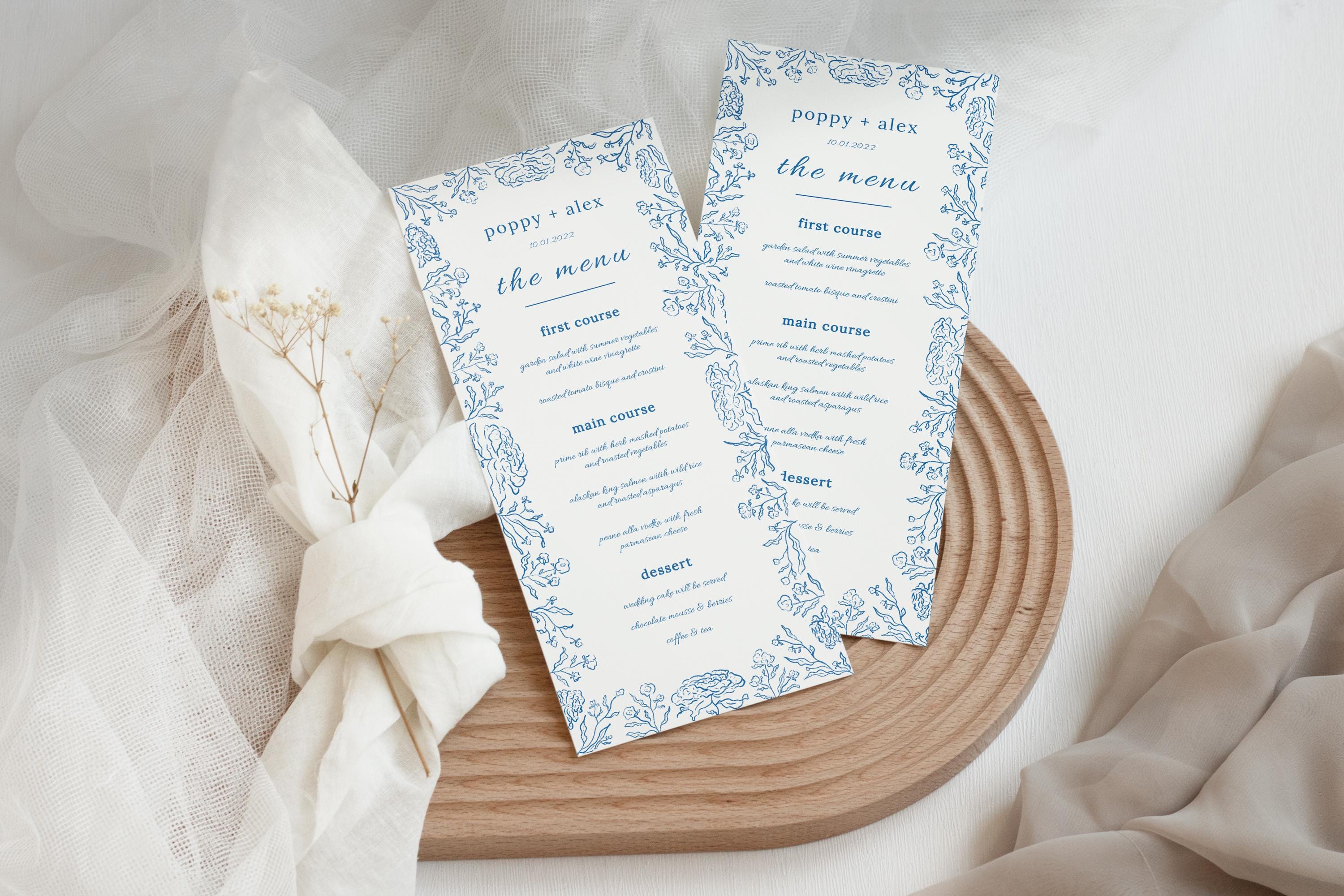 Classic Blue Wedding Menu Template, Printable Wedding Menu, Floral ...