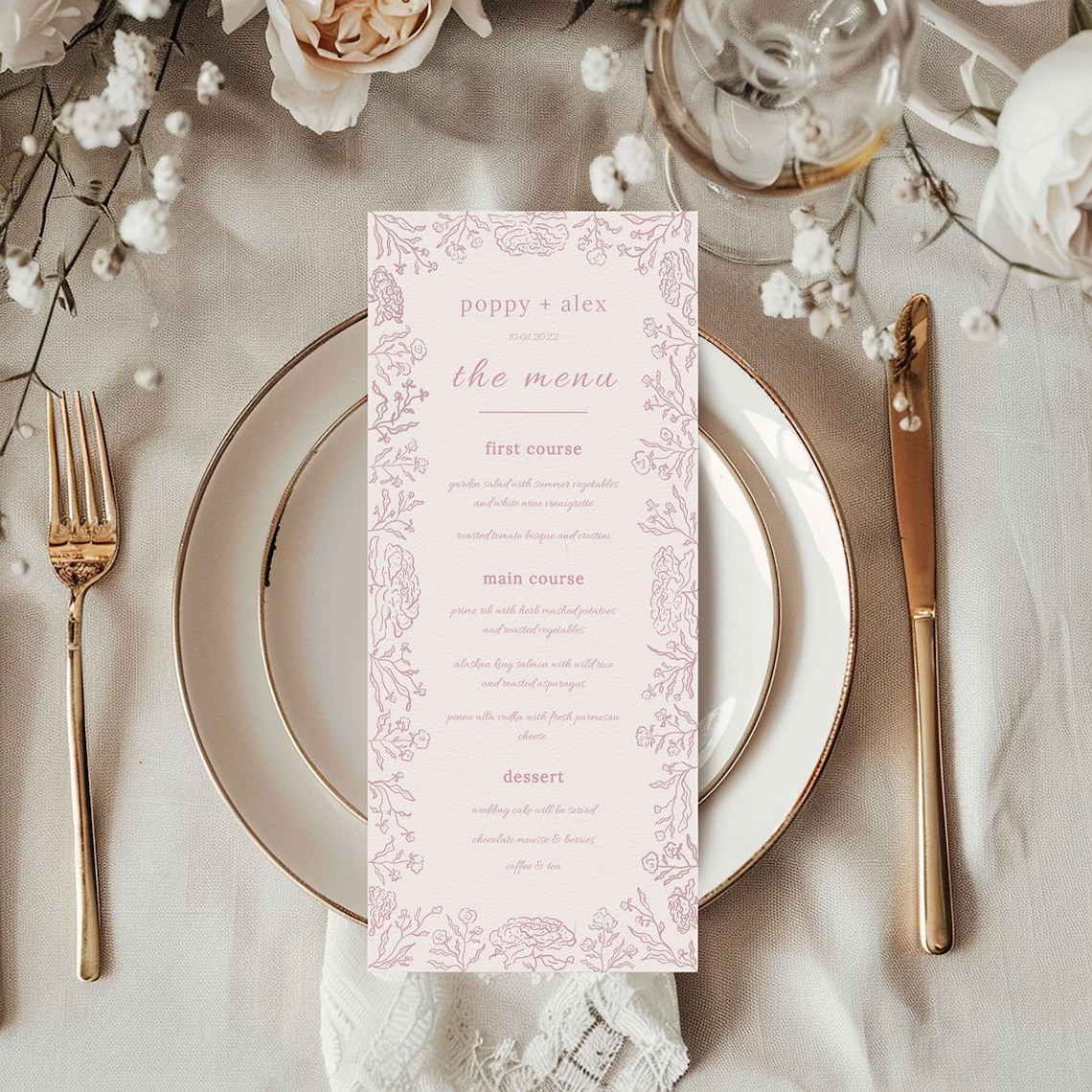 Pink Wedding Menu Template, Printable Wedding Menu, Floral Wedding ...