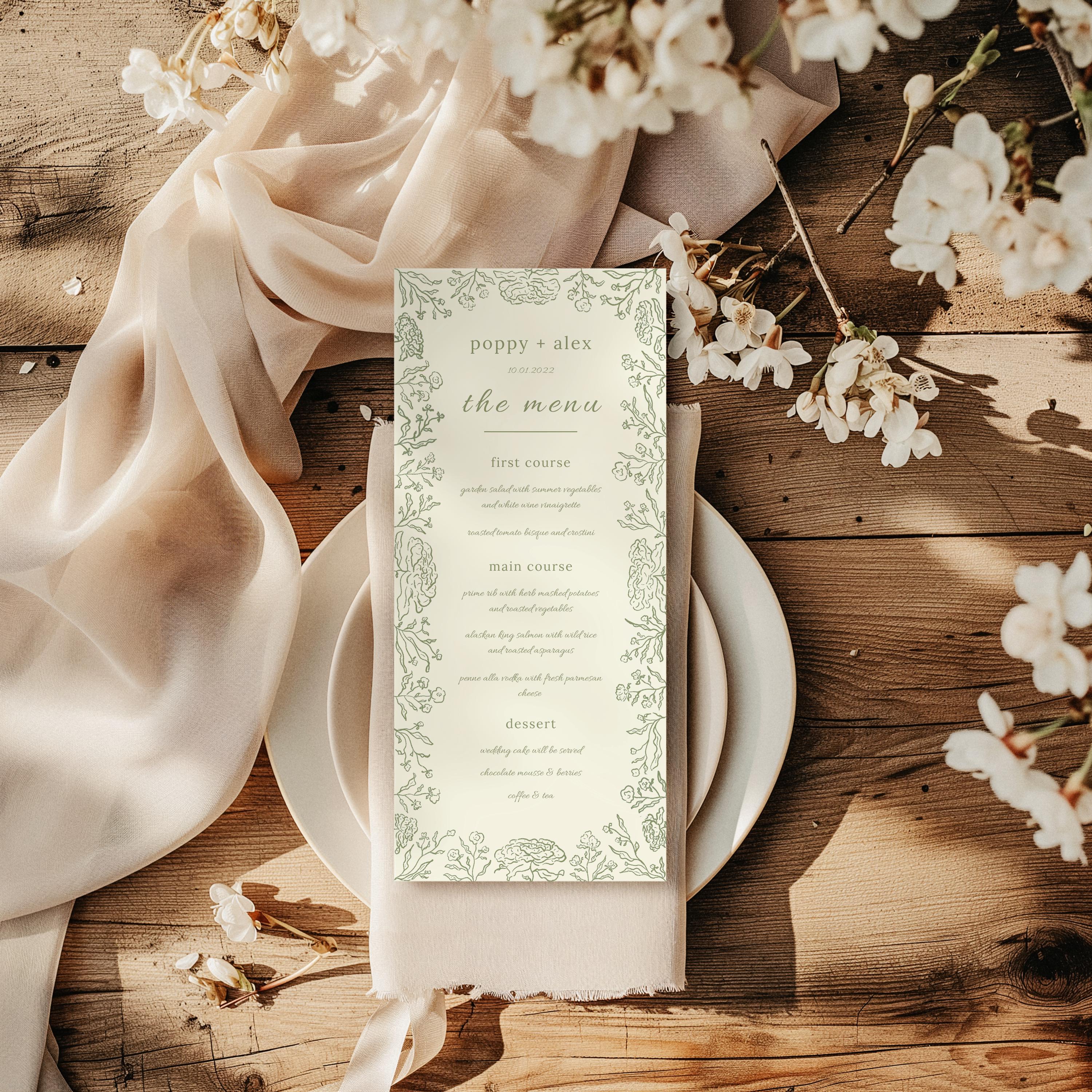 Green Wedding Menu Template, Printable Wedding Menu, Floral Wedding ...