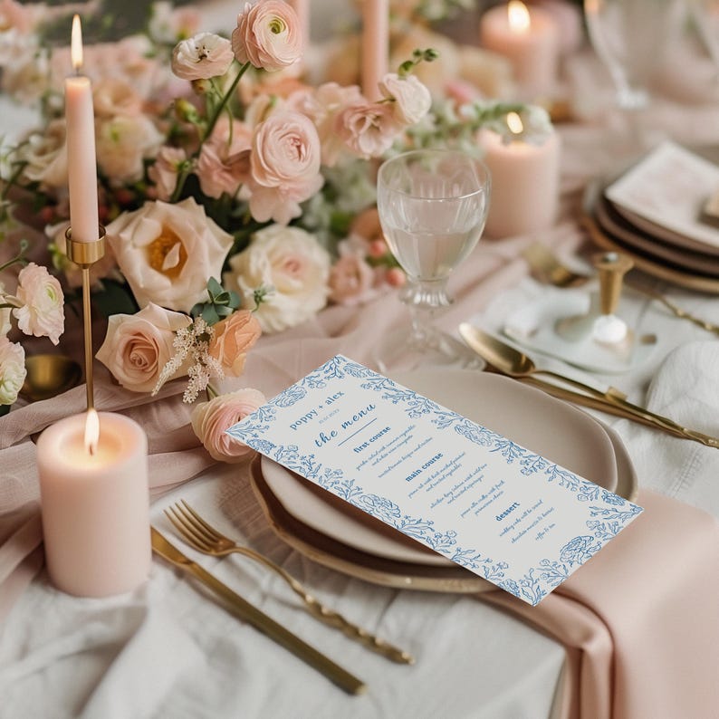 Classic Blue Wedding Menu Template, Printable Wedding Menu, Floral ...
