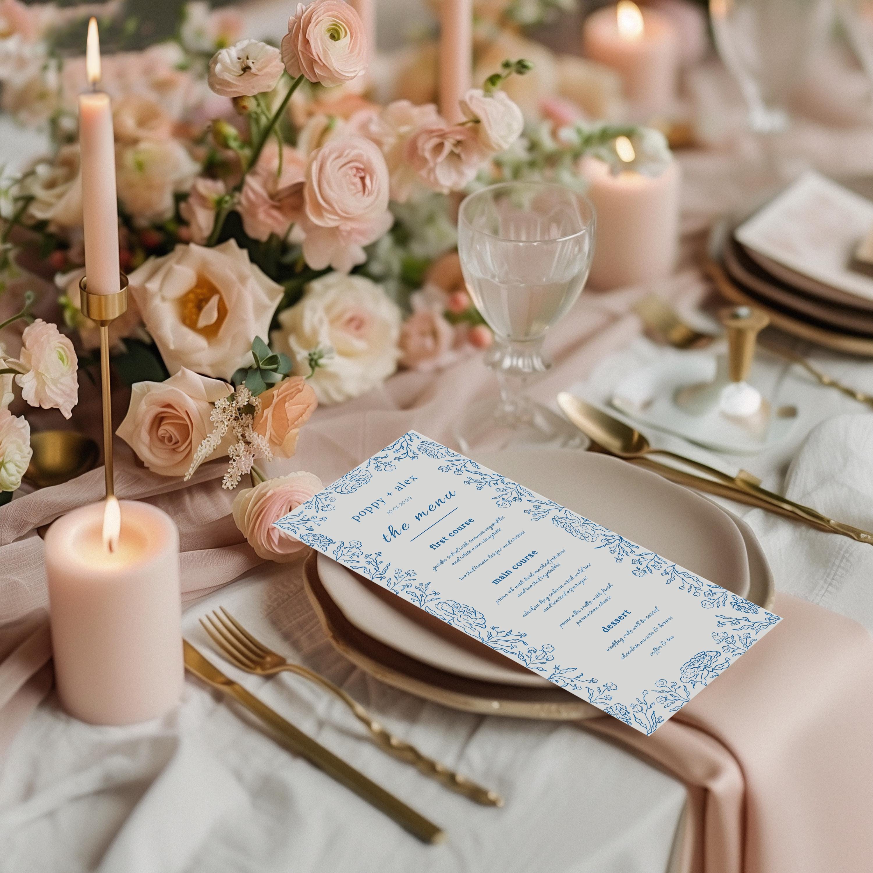 Classic Blue Wedding Menu Template, Printable Wedding Menu, Floral ...