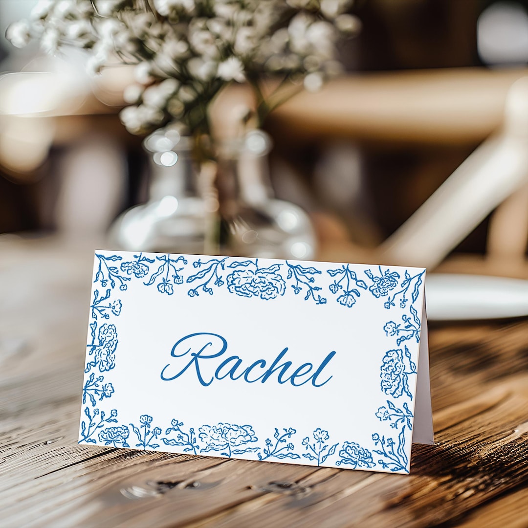 Classic Blue Place Card Template, Printable Wedding Place Cards, Floral ...