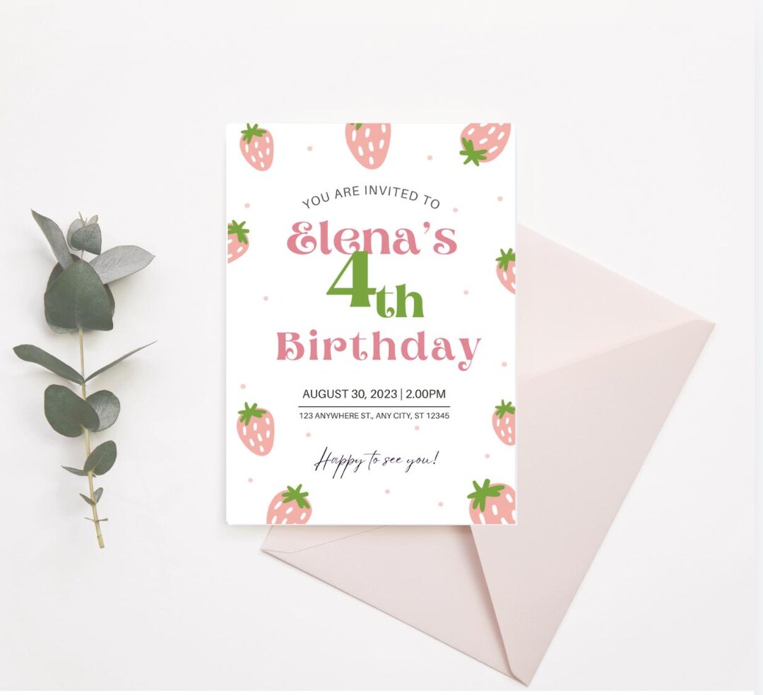 Editable Strawberry Birthday Invitation | Red Strawberry Birthday ...