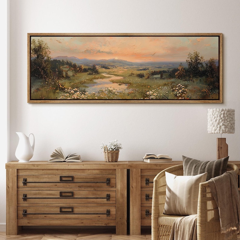 Large Framed Vintage Sunset Landscape Wall Art, Wildflower Meadow River ...