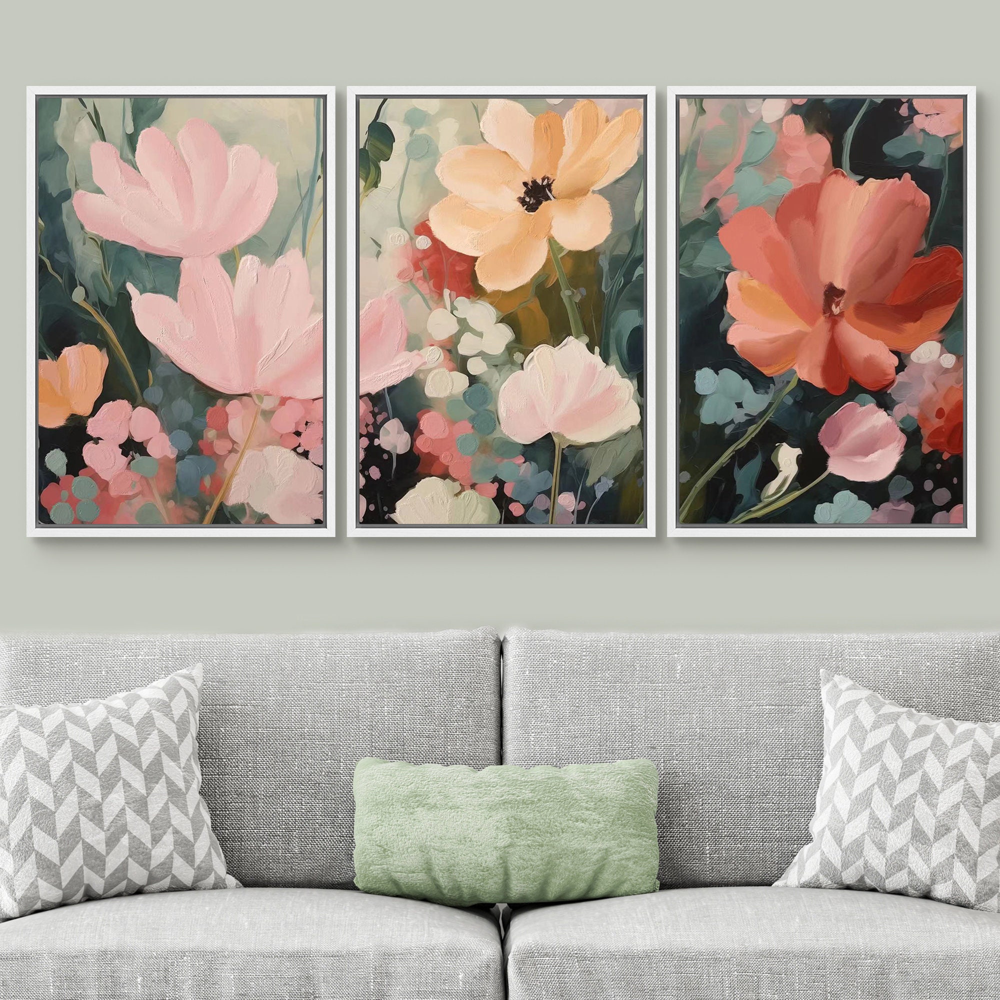 Framed Canvas Print Wall Art Set of 3 Botanical Flower Abstract ...