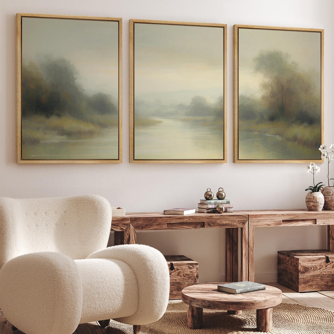 Tranquil River Wall Art - Set of 3 Framed Misty Landscape Canvas Prints ...