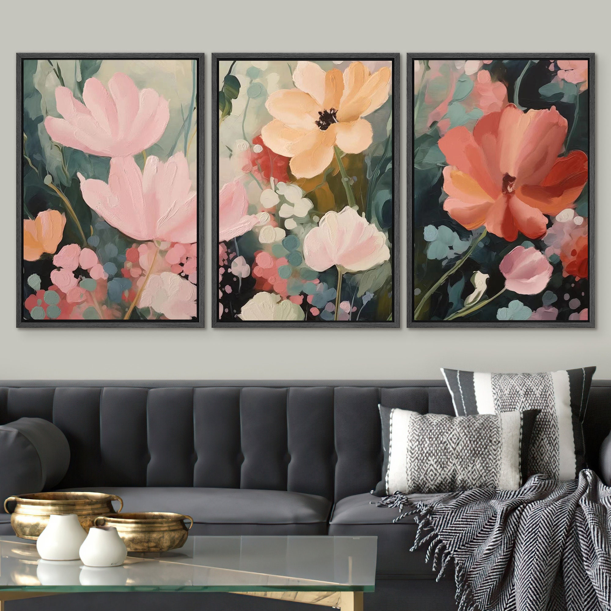 Framed Canvas Print Wall Art Set of 3 Botanical Flower Abstract ...