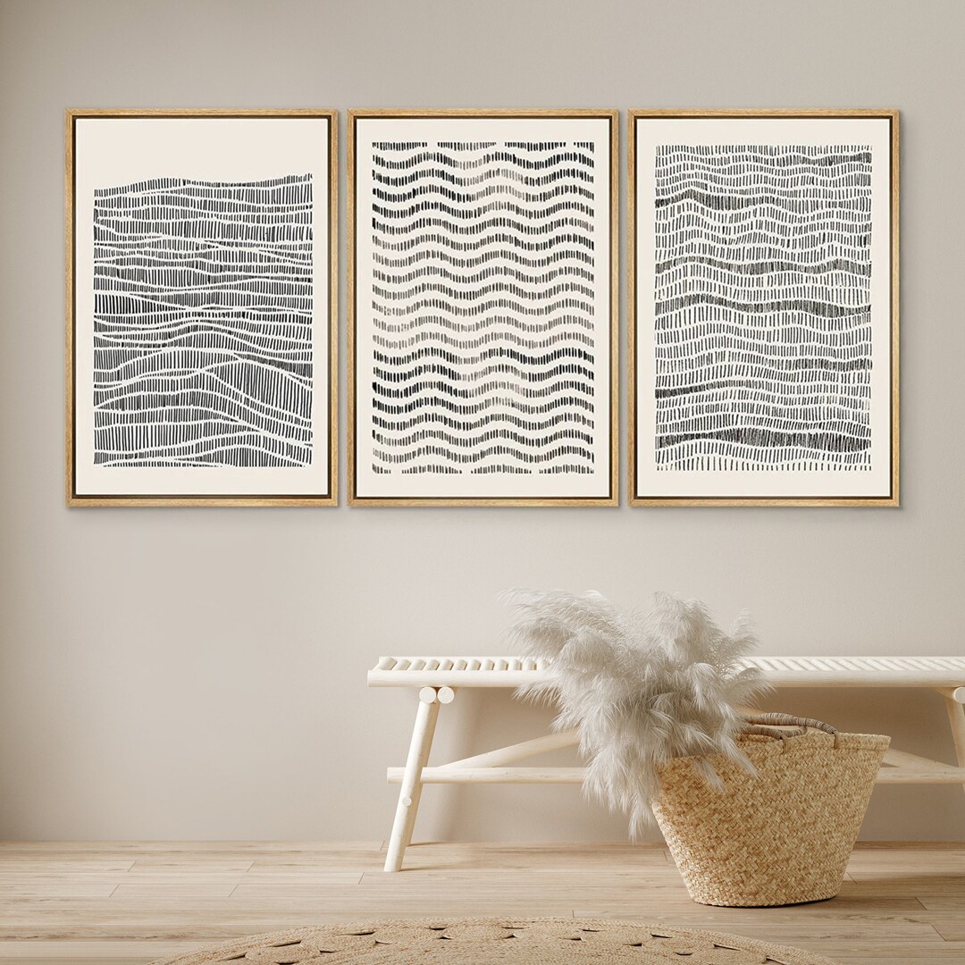 Dustinway Framed Canvas Print Wall Art Set Black Geometric Wave Pattern ...