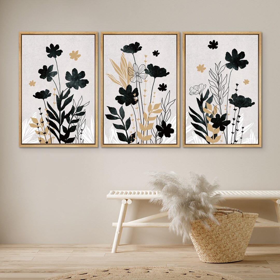 Framed Canvas Wall Art Prints Set of 3 Abstract Black Flower Botanical ...