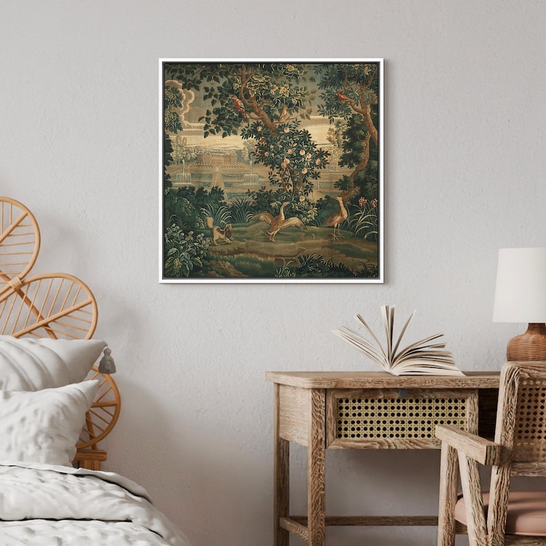 Framed Canvas Wall Art Prints Ornate Garden Scene With Birds and Trees ...