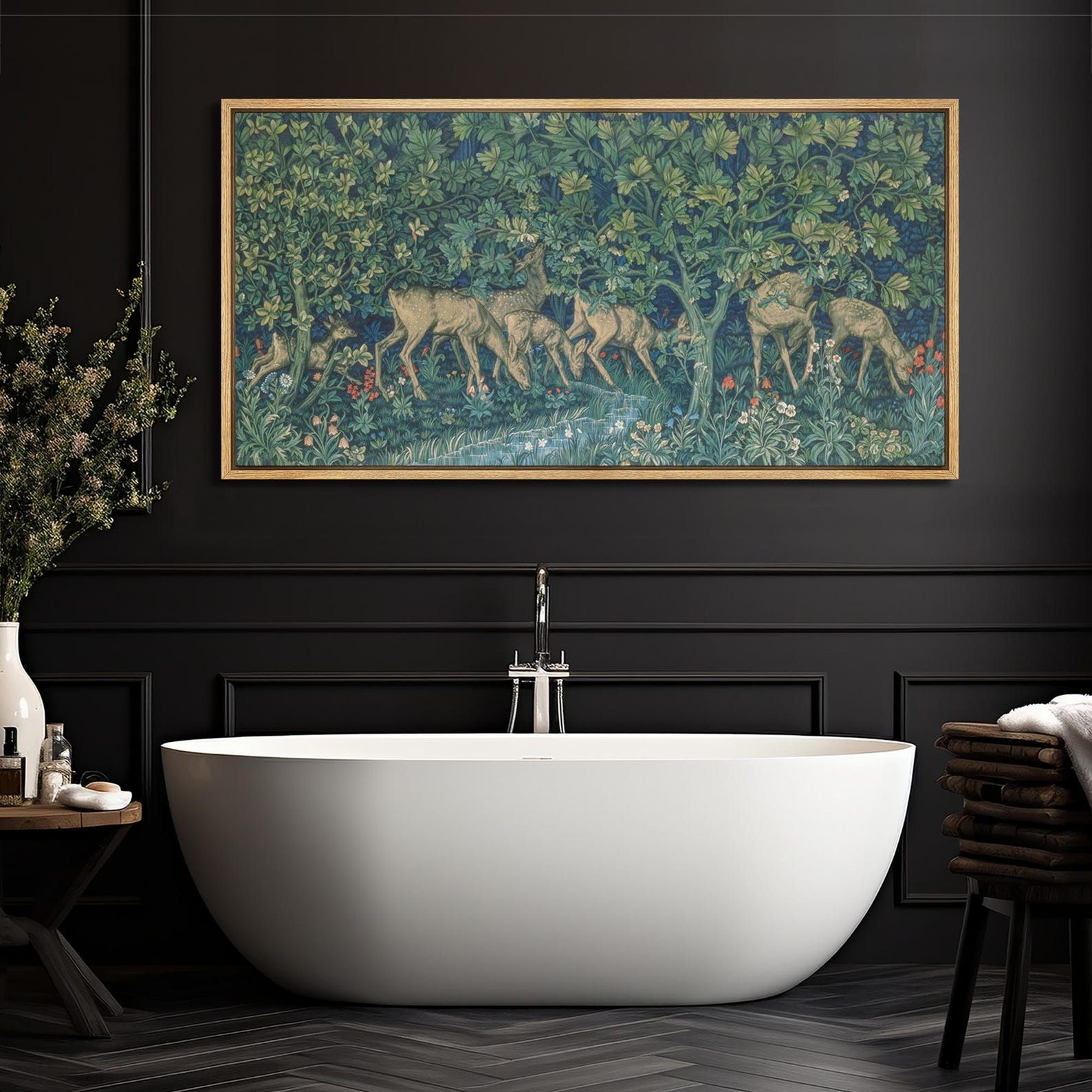 Large Vintage Deer Forest Wall Art, Woodland Tapestry Style Canvas ...
