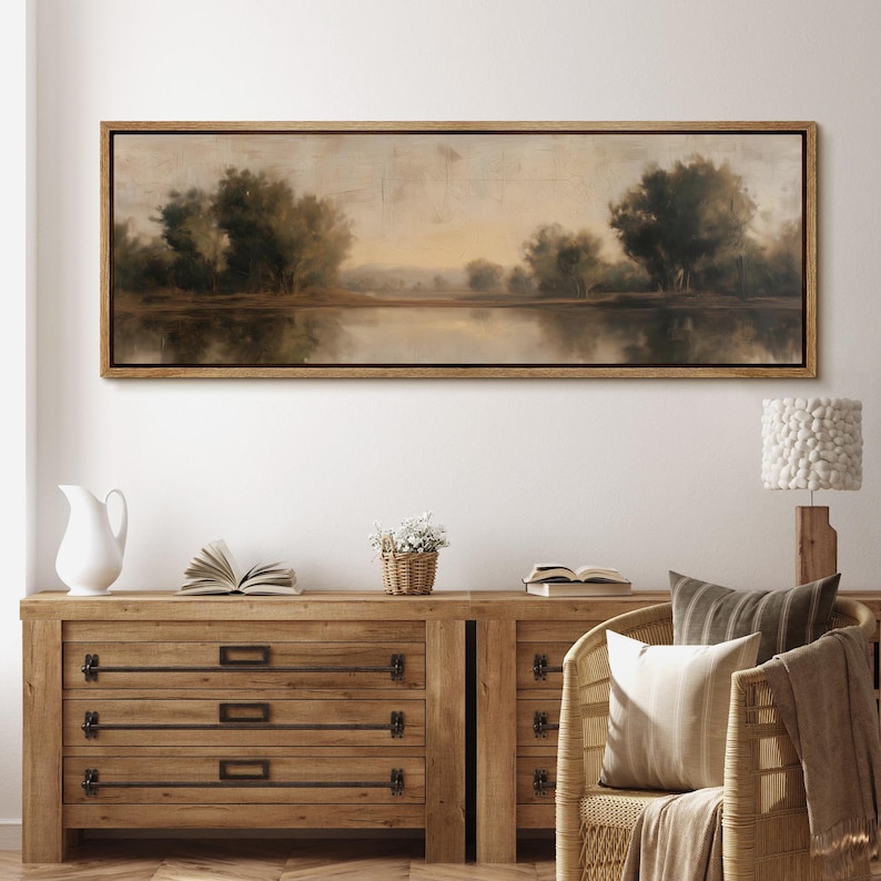 Large Framed Neutral Landscape Wall Art, Soft Brown Lake Reflection ...