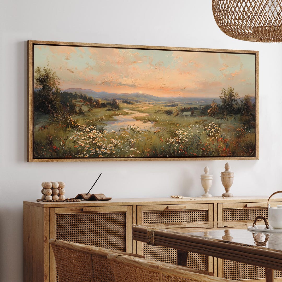Large Framed Vintage Sunset Landscape Wall Art, Wildflower Meadow River ...