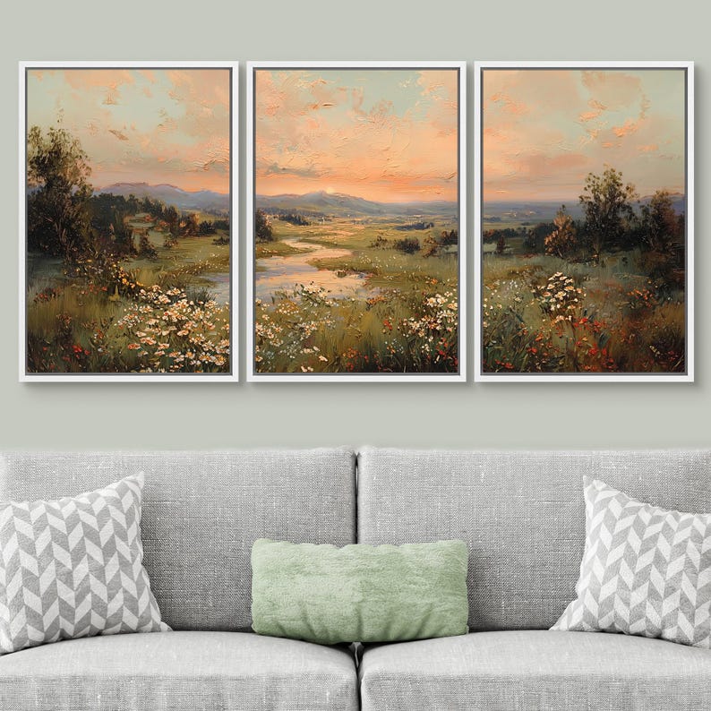 Large Framed Vintage Sunset Landscape Wall Art, Wildflower Meadow River ...