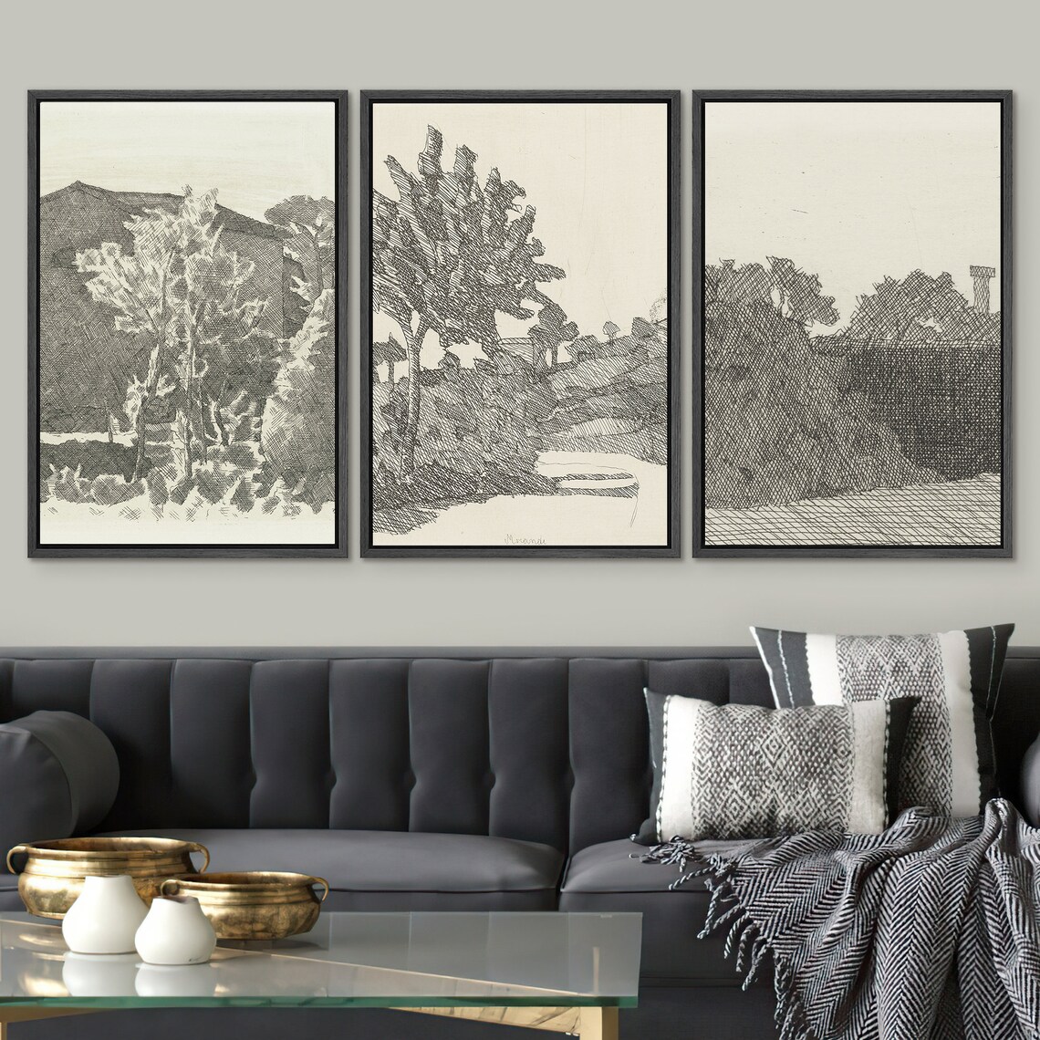 Dustinway Framed Canvas Print Wall Art Set of 3 Sketch Country ...