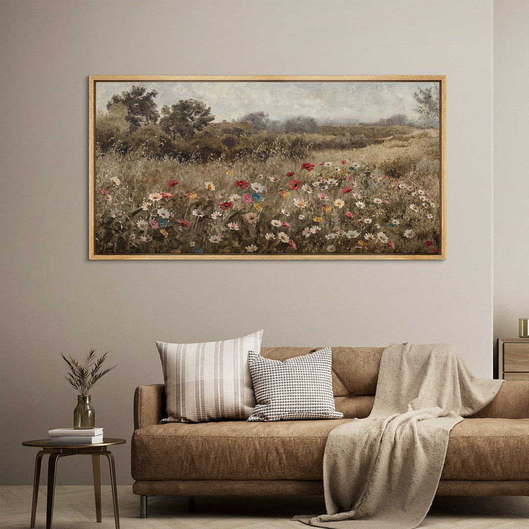 Framed Canvas Wildflowers Field Wall Art Prints Neutral Panoramic Large ...