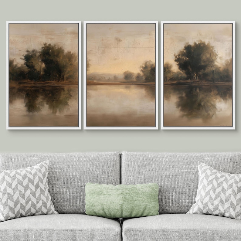 Large Framed Neutral Landscape Wall Art, Soft Brown Lake Reflection ...