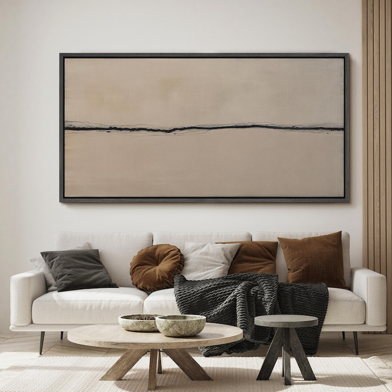 Abstract Line Wall Art - Large Framed Neutral Linear Canvas Print ...