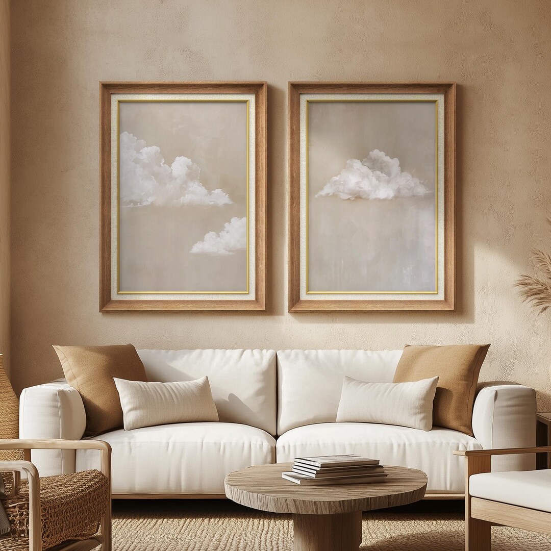 Framed Minimalist Cloud Wall Art Set of 2, Neutral Abstract Sky Prints ...