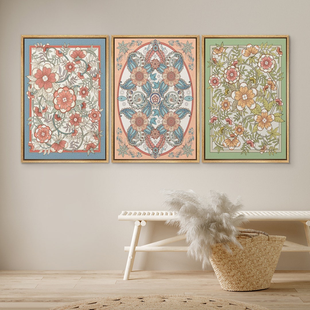 Dustinway Framed Canvas Print Wall Art Set of 3 Flowers Pattern Floral ...
