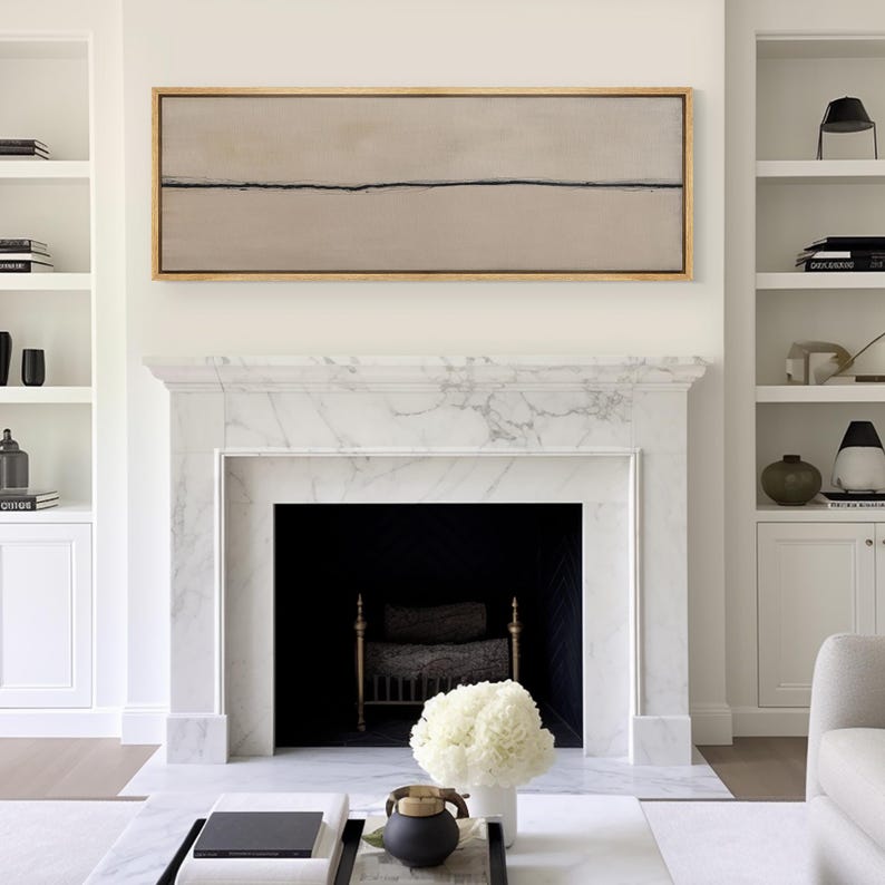 Abstract Line Wall Art - Large Framed Neutral Linear Canvas Print ...