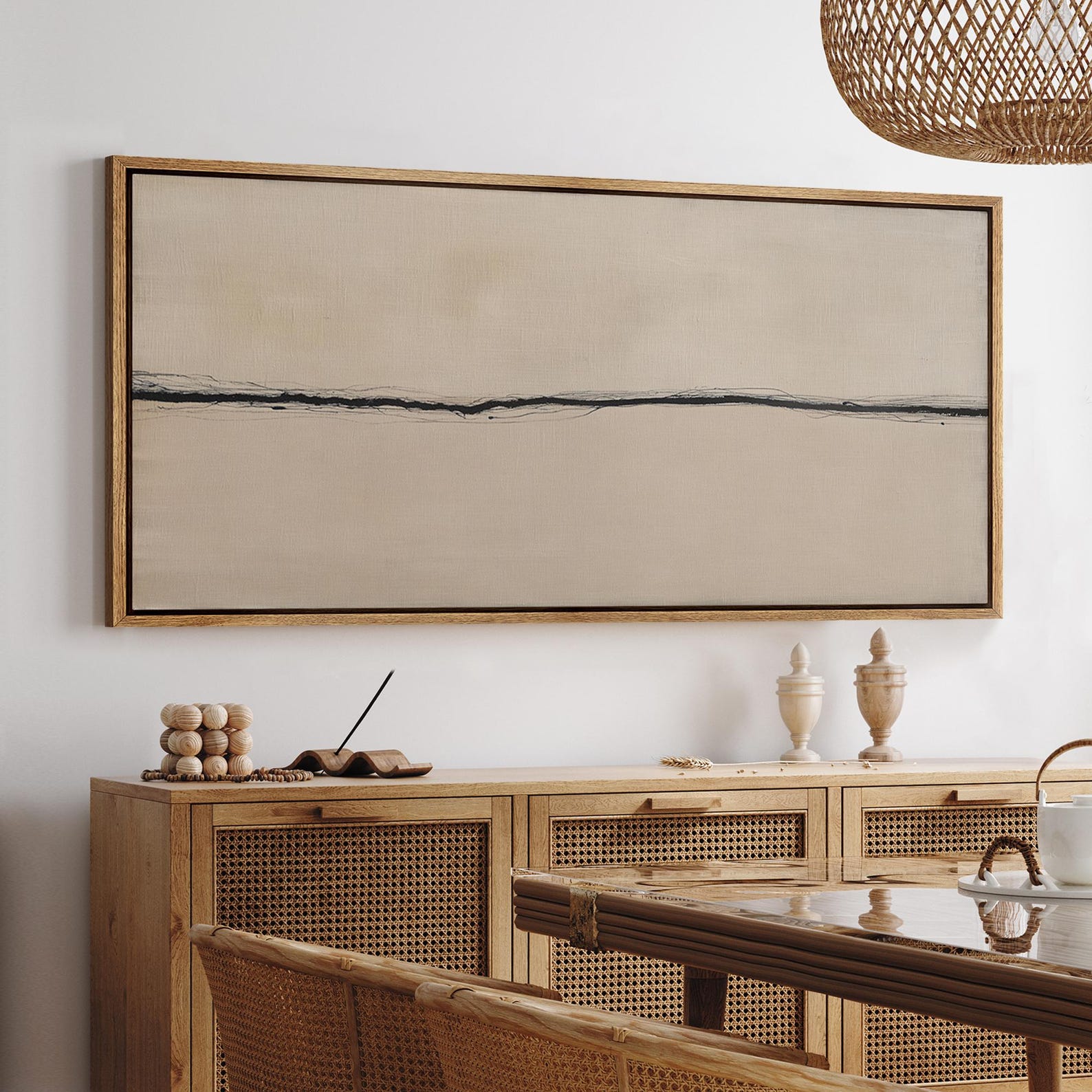Abstract Line Wall Art - Large Framed Neutral Linear Canvas Print ...